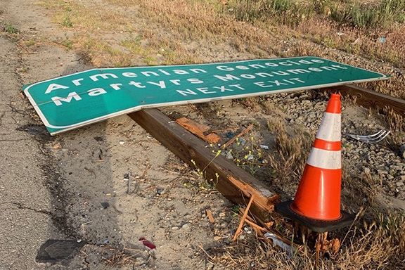 Vandalism or Accident? Montebello Genocide Monument Freeway Sign Downed